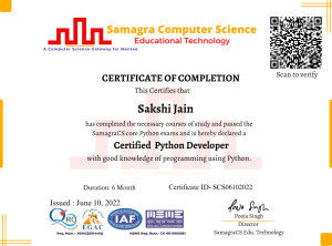 CERTIFICATE OF COMPLETION This Certifies that Sakshi Jain Certified Python Developer - SamagraCS